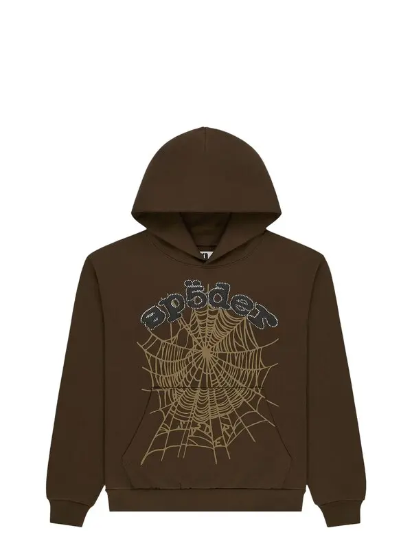 SP5DER Rhinestone Detailed Web Hoodie - Brown