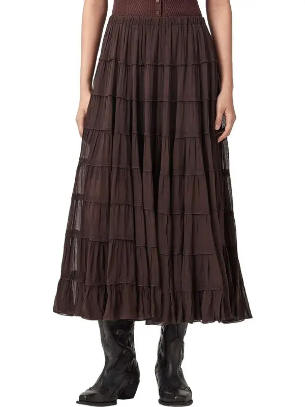 ALLSAINTS Eva Tiered Midi Skirt - Bottle Brown