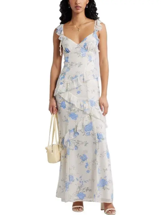 Bp. Asymmetric Ruffle Tiered Maxi Dress - Ivory- Blue Bethany Floral