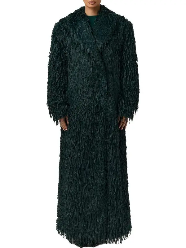 Naked Wardrobe Long Faux Feather Coat - Emerald