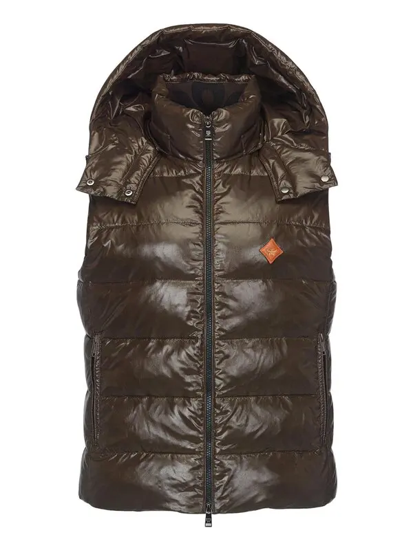 Mcm Padded Recycled Nylon Vest With Detachable Hood - Brown
