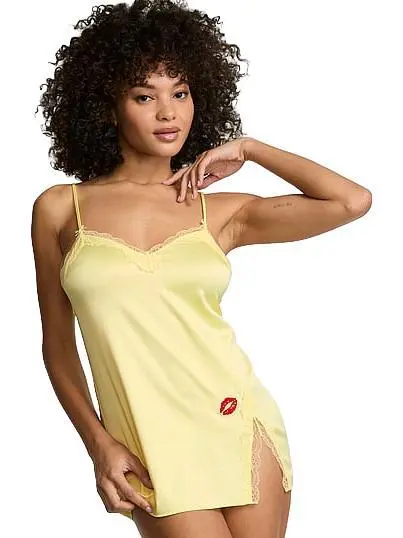 Victoria's Secret Satin Lace-trim Mini Slip Dress - Yellow