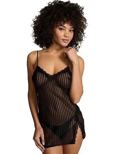 Victoria's Secret Sheer Stripe Lace-trim Mini Slip Dress - Black