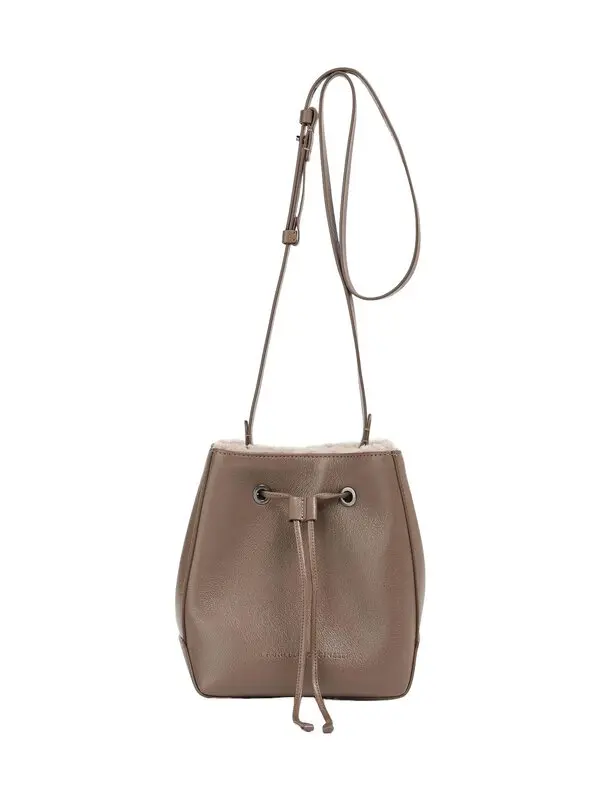 Brunello Cucinelli Shearling Bucket Bag With Bead Embellishments - Taupe