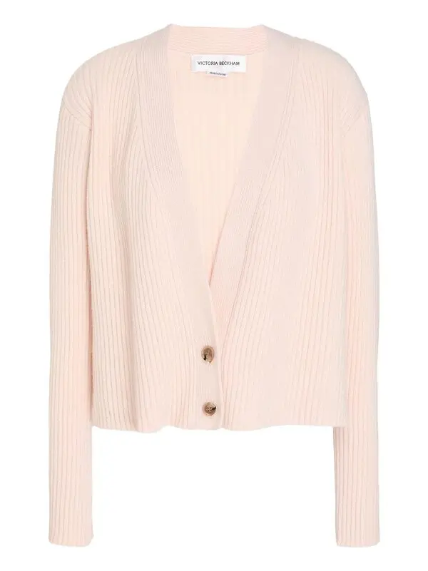 Victoria Beckham Ribbed Wool And Cashmere-blend Cardigan - Pastel Pink