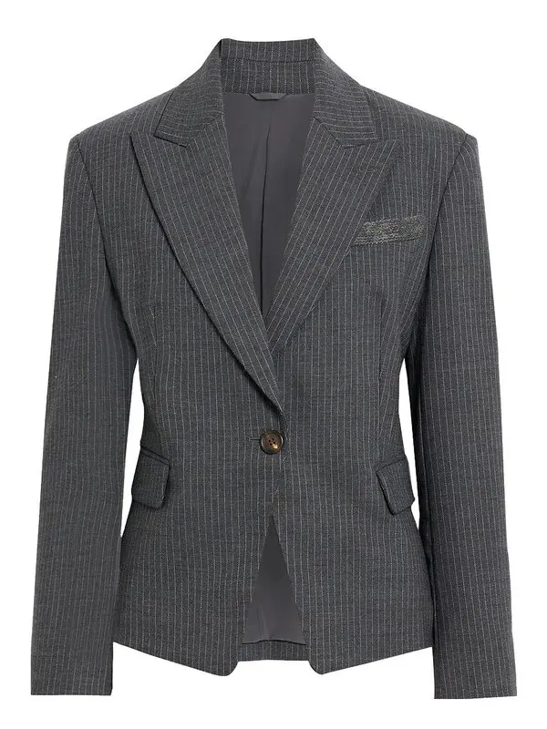 Brunello Cucinelli Embellished Pinstriped Wool-blend Blazer - Dark Gray