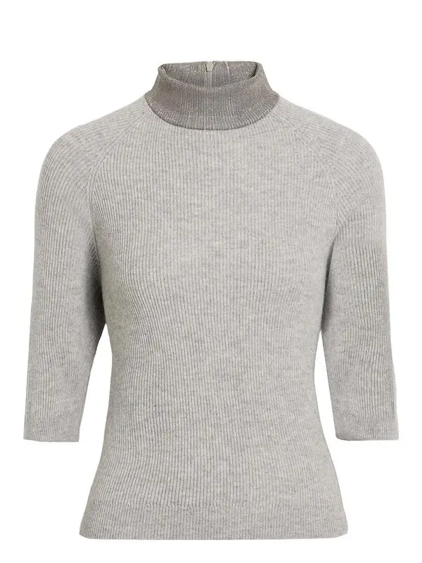 Brunello Cucinelli Bead-embellished Ribbed Cashmere Turtleneck Top - Light Gray