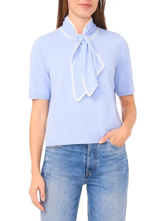 CECE DUPRAZ Tipped Tie Neck Sweater - Sweet Blue