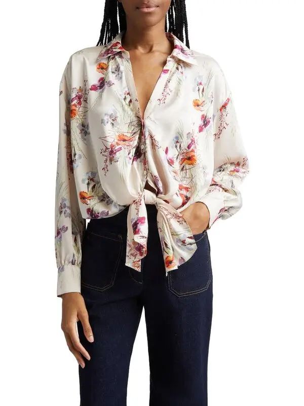 Cinq À Sept Iris Bouquet Marianna Tie-front Shirt - Oatmilk Multi