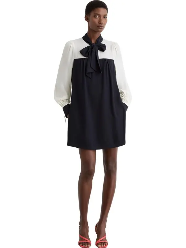 REISS Cam Tie-neck Shift Dress - Navy/ivory