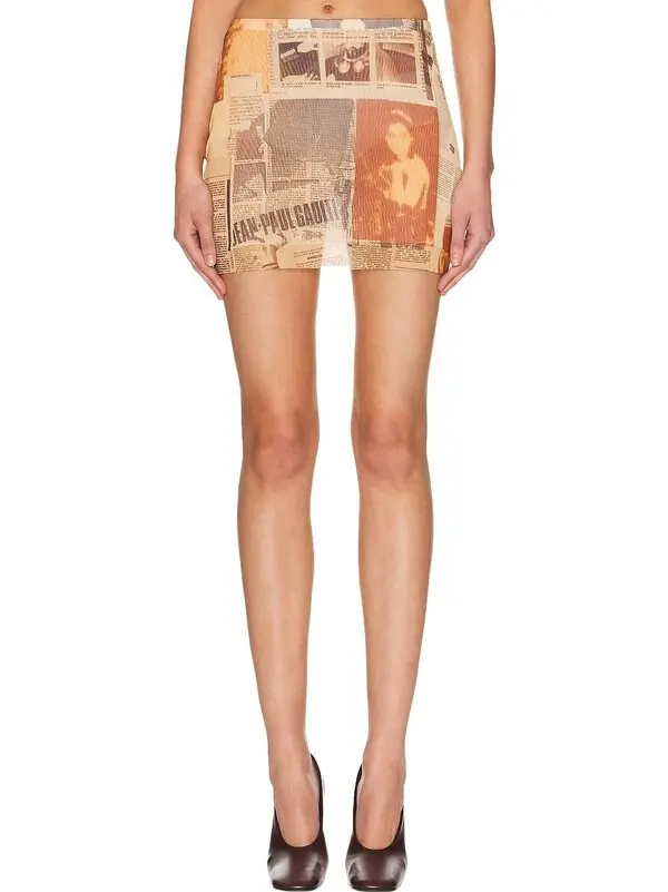 JEAN PAUL GAULTIER Mesh Printed Journal Mini Skirt - Ecru  Light Grey  & Red