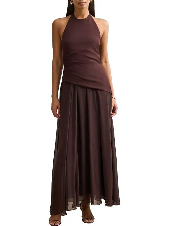 EVER NEW Linen Blend & Chiffon Halter Maxi Dress - Chocolate