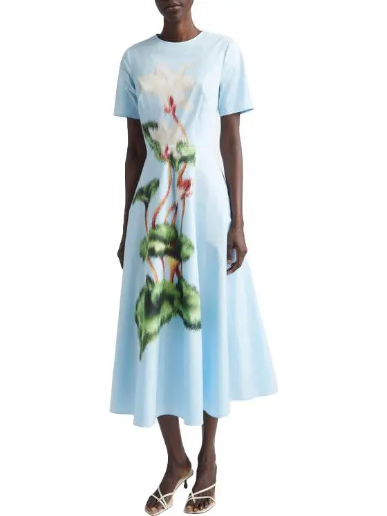 Oscar De La Renta Chiné Floral Poplin Midi Dress - White/light Blue