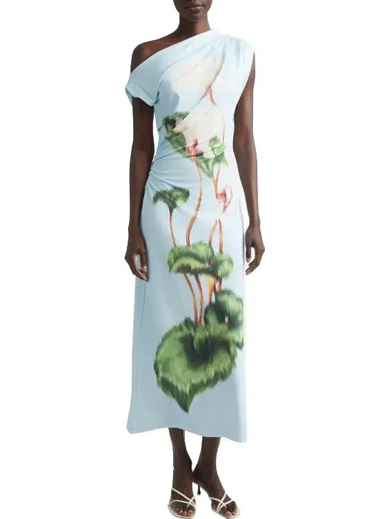 Oscar De La Renta Chiné Cyclamen One-shoulder Dress - White/light Blue