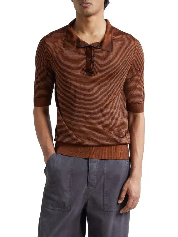 MAISON MARGIELA Stripe Plaited Rib Polo Sweater - Dark Brown/orange