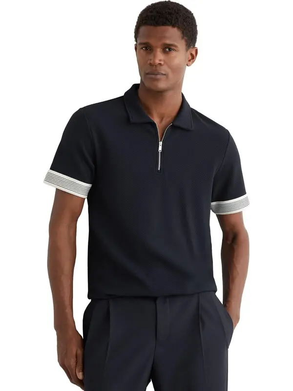 REISS Sleeve-trim Half-zip Polo Shirt - Navy