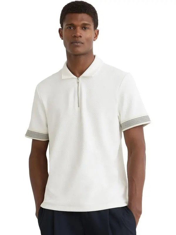 REISS Sleeve-trim Half-zip Polo Shirt - White