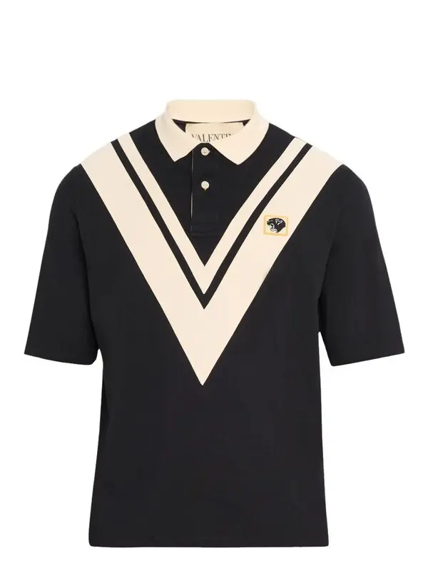 Valentino Garavani Inlaid V Cotton Polo Shirt With Panther Patch - Black
