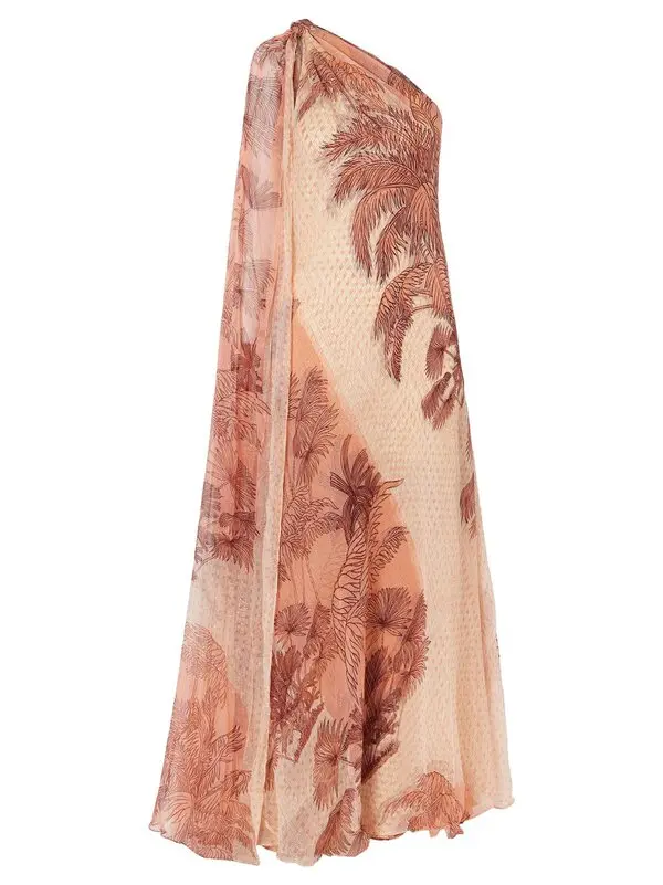 Johanna Ortiz Elegant Freedom One-shoulder Metallic Printed Silk-blend Chiffon Maxi Dress - Orange