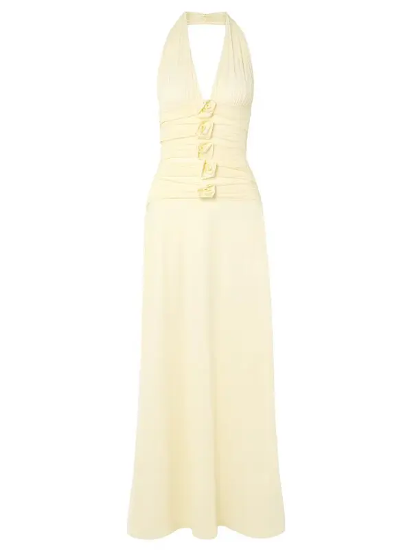 MAYGEL CORONEL Villadiego Appliquéd Stretch-jersey Halterneck Maxi Dress - Neutrals