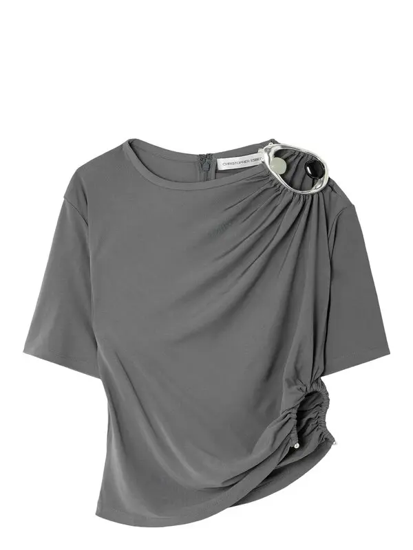 Christopher Esber Orica Cropped Asymmetric Embellished T-shirt - Gray