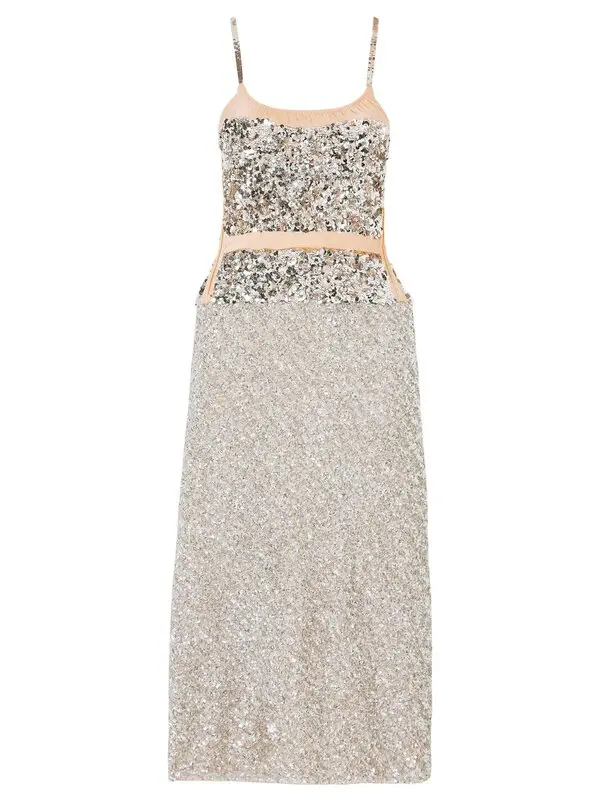 Rabanne Sequin Embellished Chiffon Maxi Dress - Silver