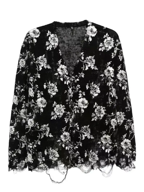 R13 Floral Print Frayed Cardigan - Black