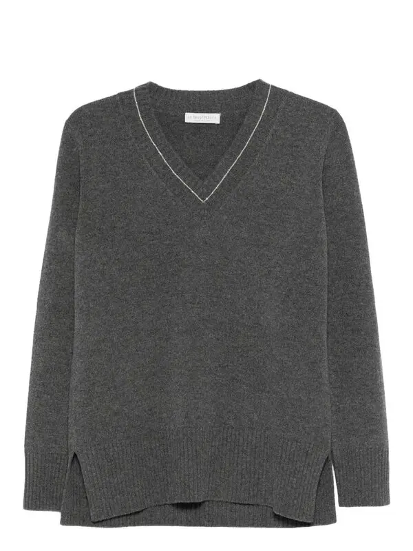 LE TRICOT PERUGIA V-neck Ribbed Sweater - Grey