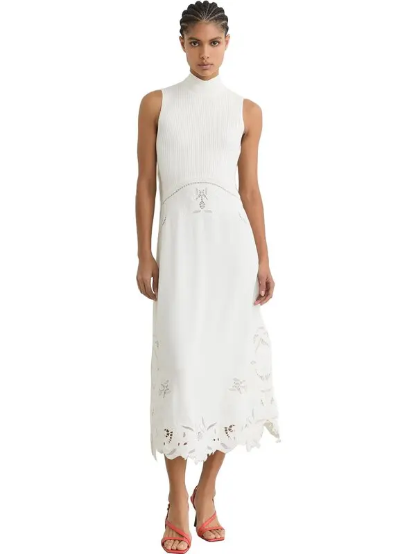 REISS Knit Woven Midi Dress - Ivory
