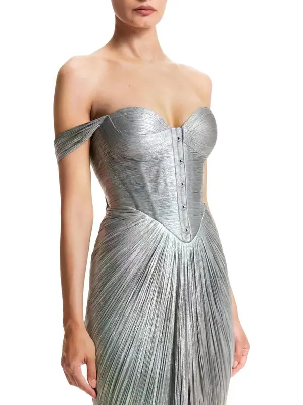 MARIA LUCIA HOHAN Susie Off-shoulder Pleated Dress - Silver
