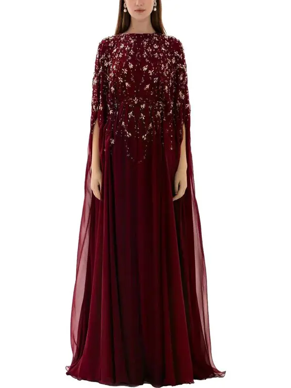 DINA MELWANI Beaded Cape Dress - Red
