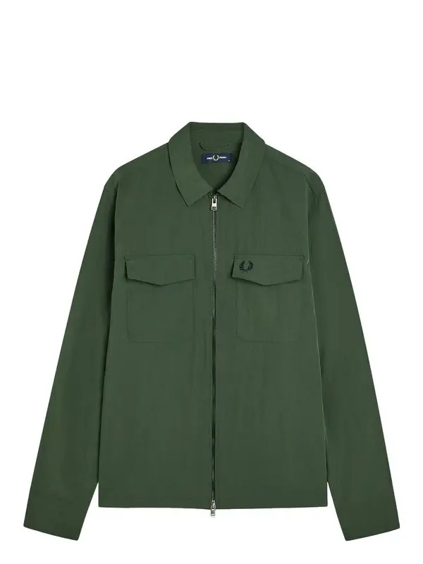 Fred Perry Logo-embroidered Crinkled Overshirt - Dark Green