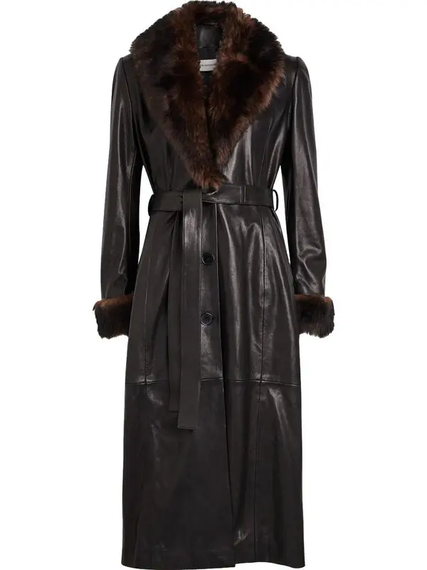 Nour Hammour Fur-trim Leather Trench Coat - Black