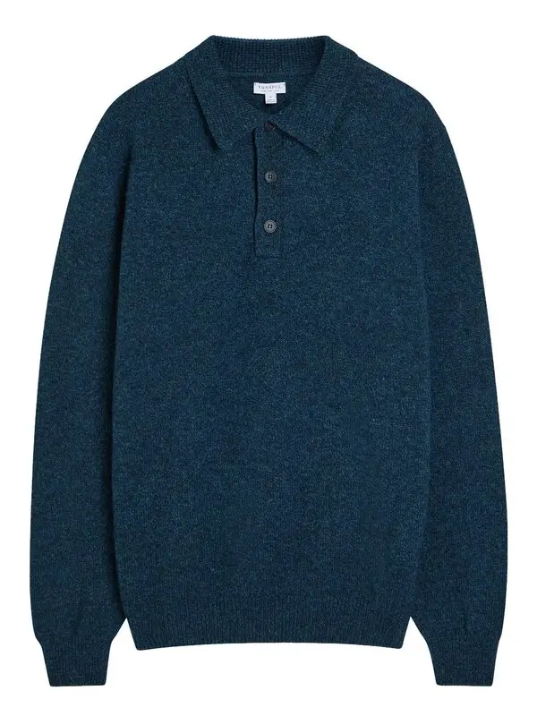 Sunspel Melangé Wool Polo Jumper - Navy