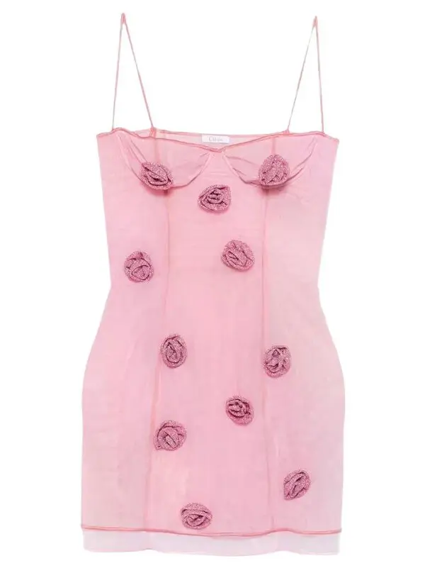 Oseree Rose Appliqué Balconette Mini Dress - Pink