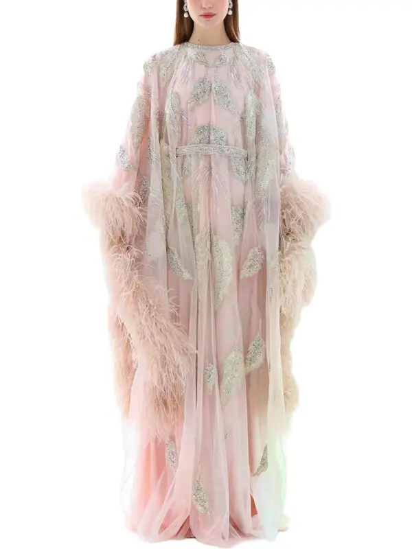 DINA MELWANI Feather-trim Crystal-embroidered Maxi Dress - Pink