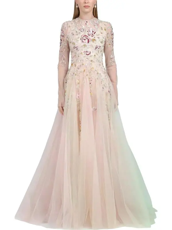 DINA MELWANI Leaf-embroidered Maxi Gown - Pink
