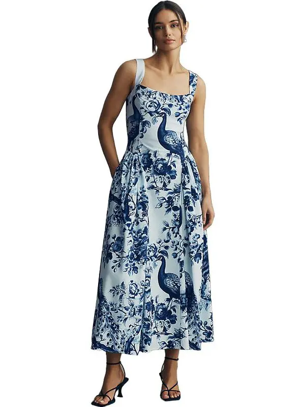 Bhldn Olivia Fit & Flare Midi Dress - Blue Peacock Toile