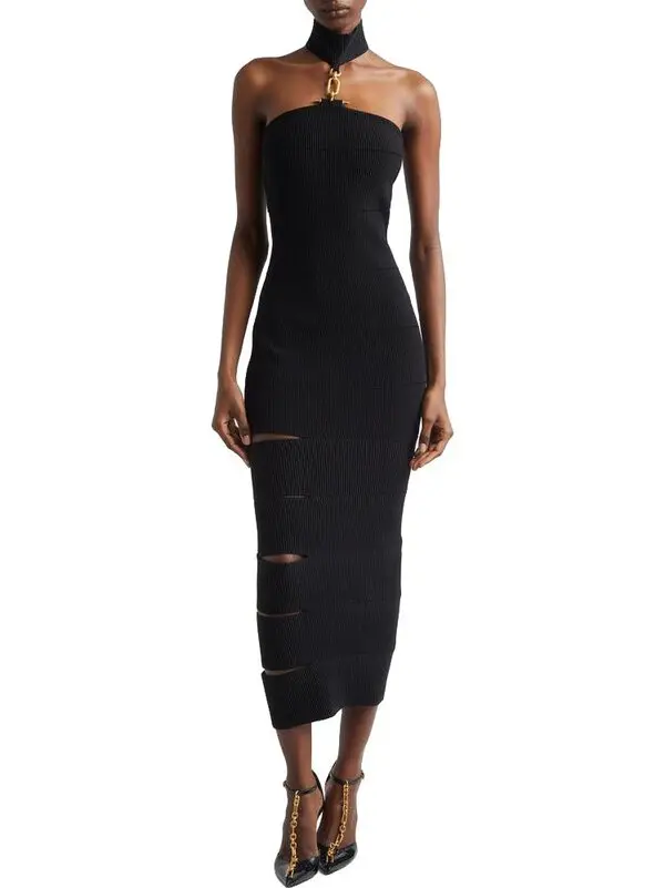 Balmain Cutout Chain Detail Ribbed Sweater Dress - 0pa Black
