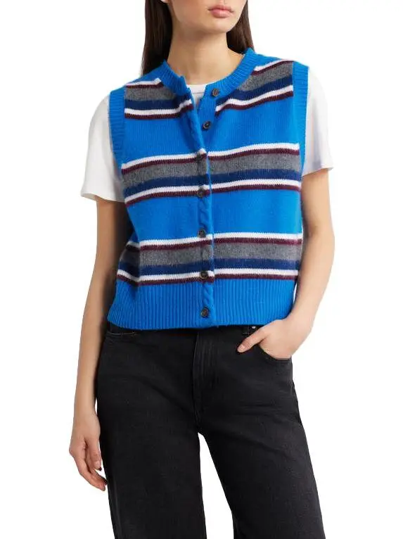 DAMSON MADDER Sofie Stripe Merino Wool Button-up Vest - Blue