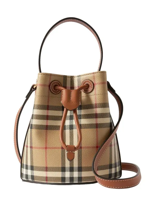 Burberry Mini Leather-trimmed Checked Bucket Bag - Neutrals