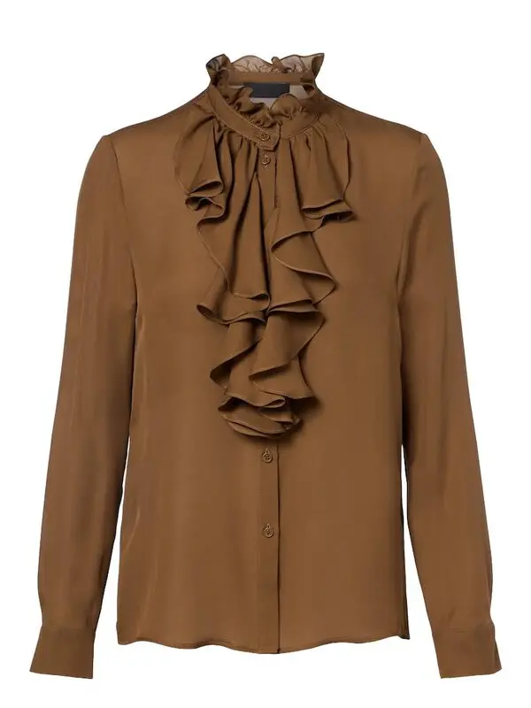 NILI LOTAN Ruffled Silk Blouse - Brown