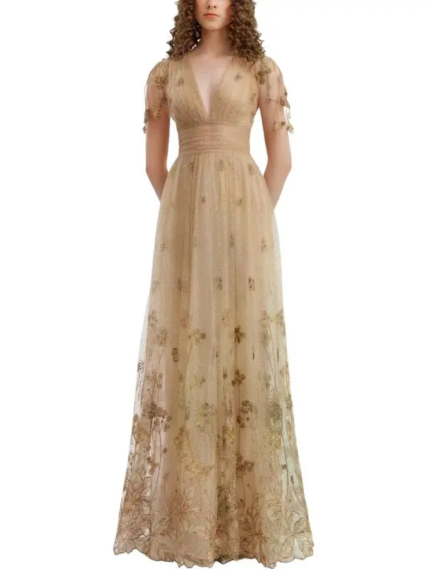 GEMY MAALOUF Embroidered V-neck Tulle Gown - Neutrals