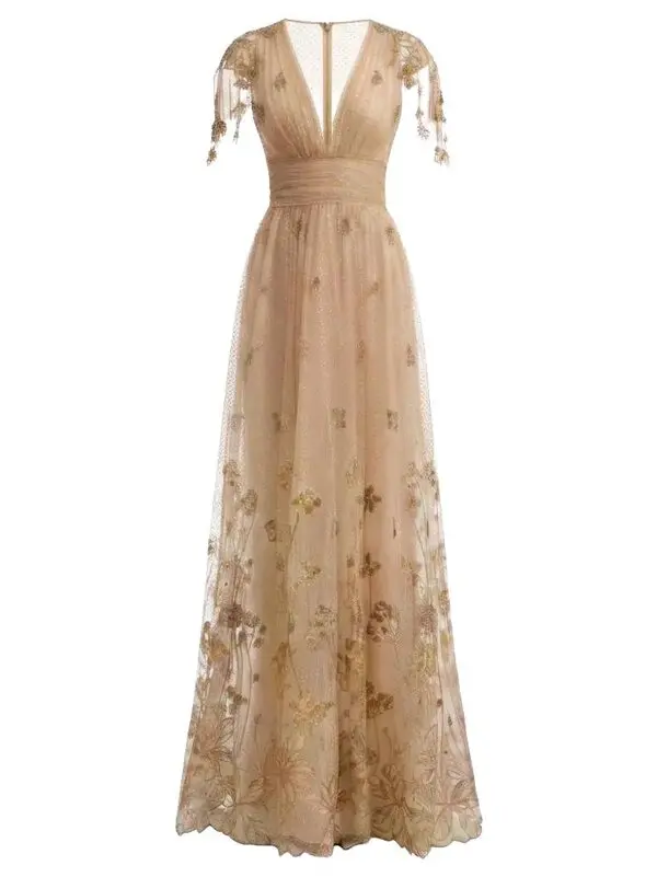 GEMY MAALOUF Embroidered V-neck Tulle Gown - Neutrals