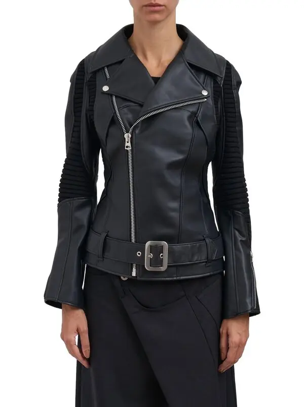 Junya Watanabe Leather Biker Jacket With Ribbed Accents - Black