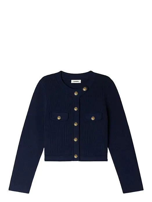 Sandro Cropped Ribbed Knitted Cardigan - Navy Blue