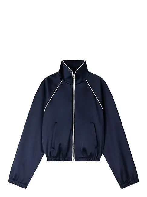 Sandro Contrast-trim Cropped Satin Jacket - Navy / Black