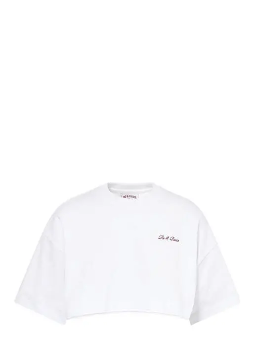 RU & ROCKA Logo-embroidered Cropped Cotton-jersey T-shirt - White / Burgundy