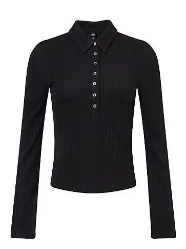 Paige Eden Polo-collar Ribbed Knitted Top - Black
