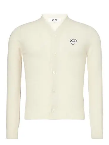 Play Comme Des Garcon Heart Logo-embroidered V-neck Wool Cardigan - Natural